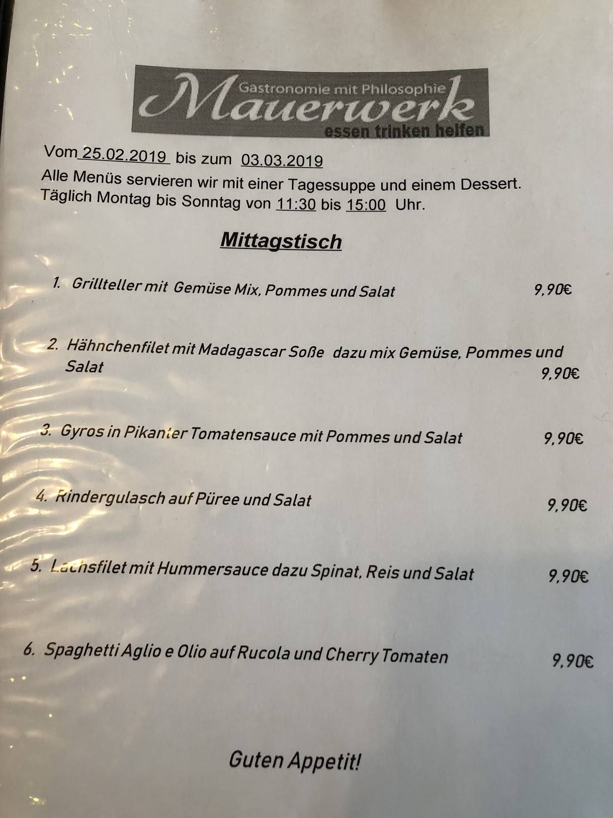 Speisekarte von Mauerwerk Mediterran restaurant, Neuss, Hamtorwall 15-17