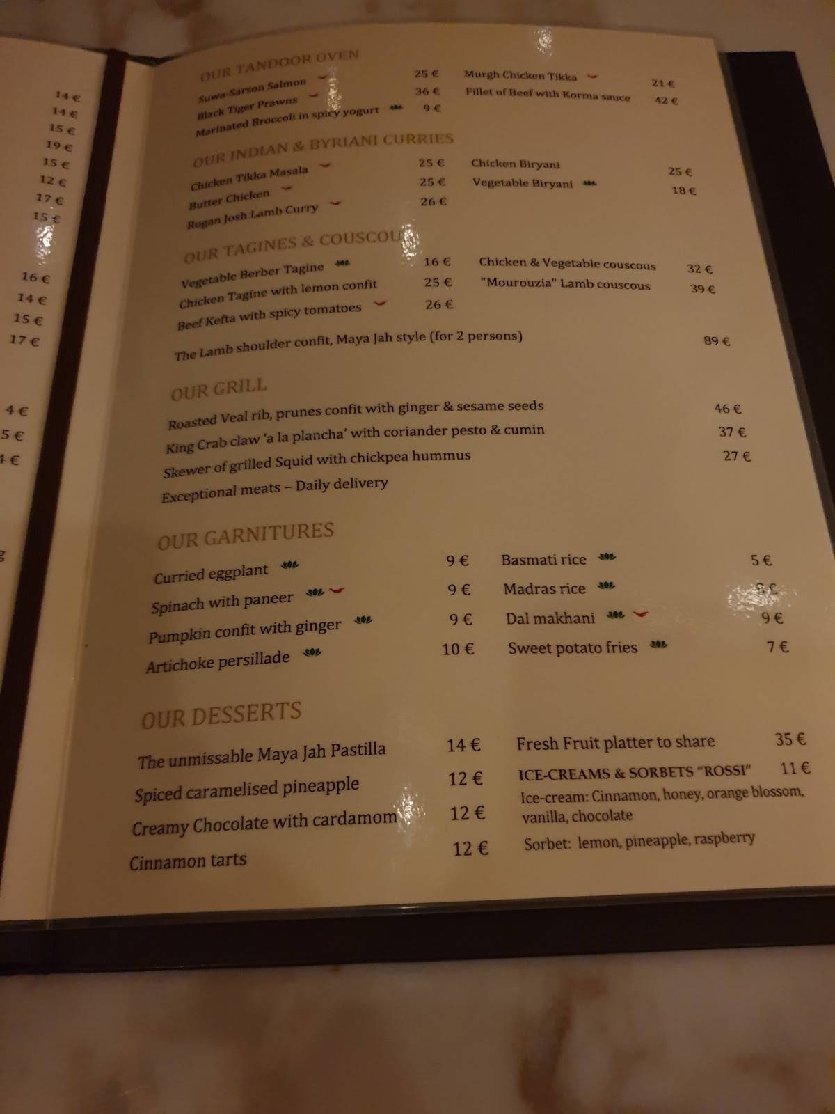 Menu at Maya Jah restaurant, Monaco-Ville
