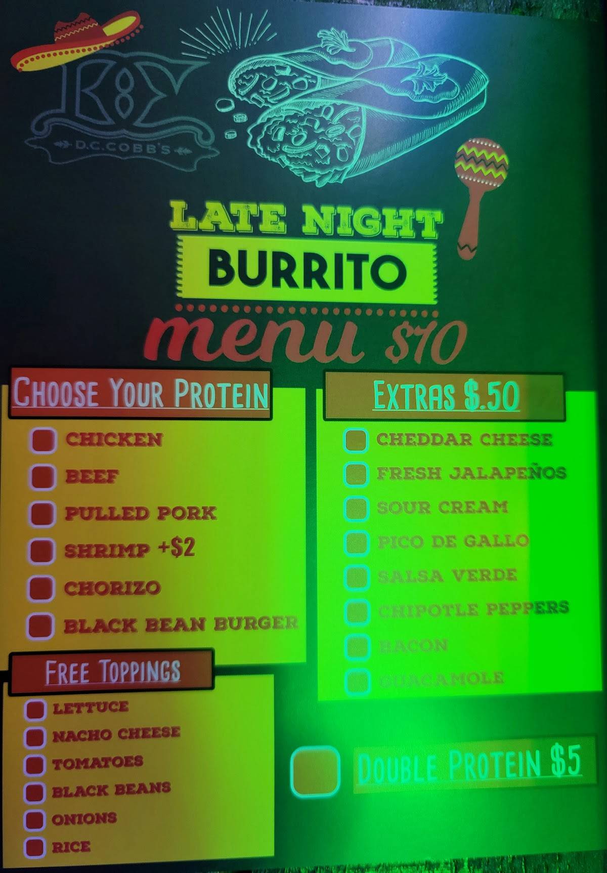 Menu at D.C. Cobb's pub & bar, McHenry