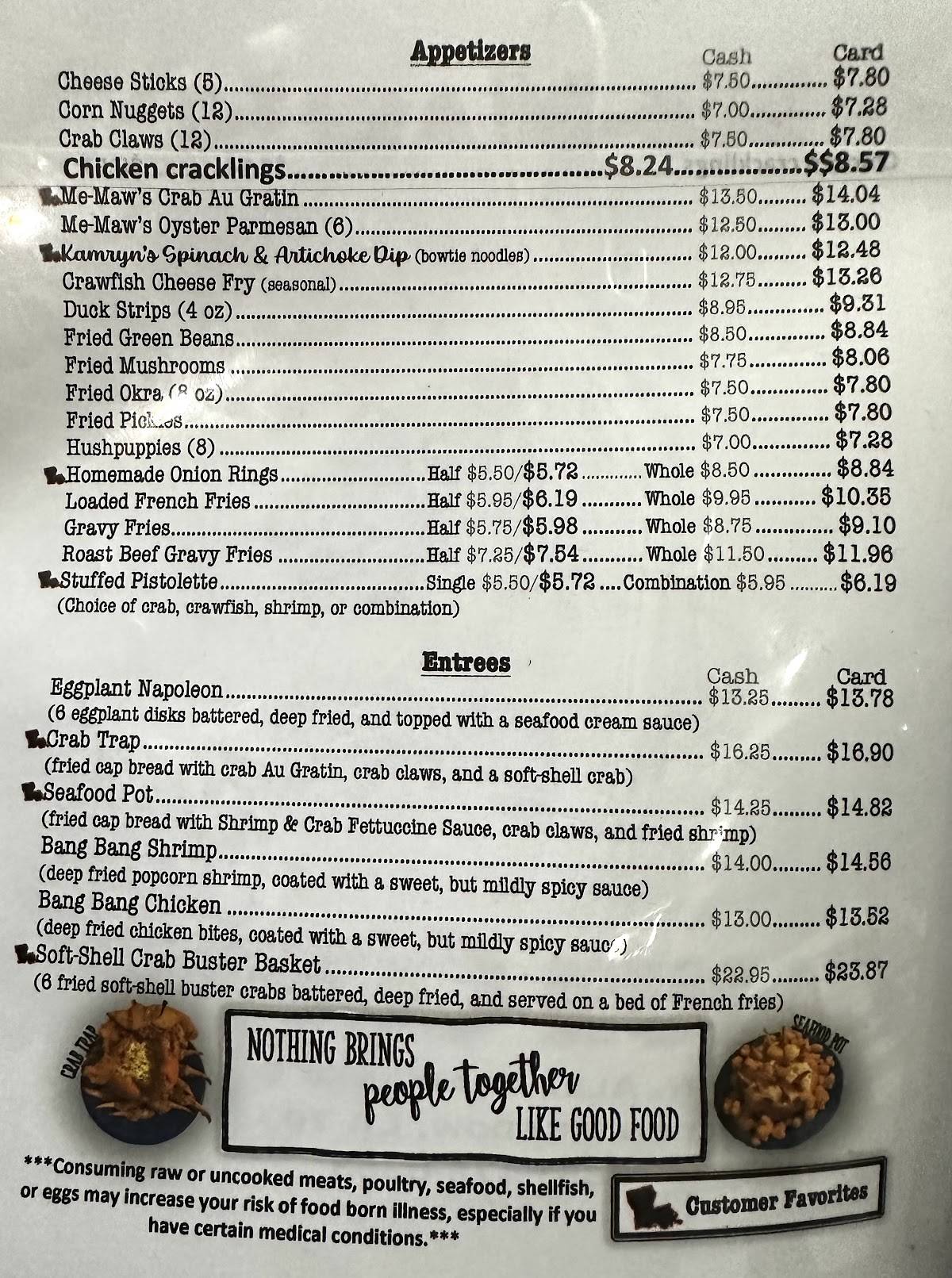 Menu at Me-Maw's Cajun Cuisine BBQ, Golden Meadow