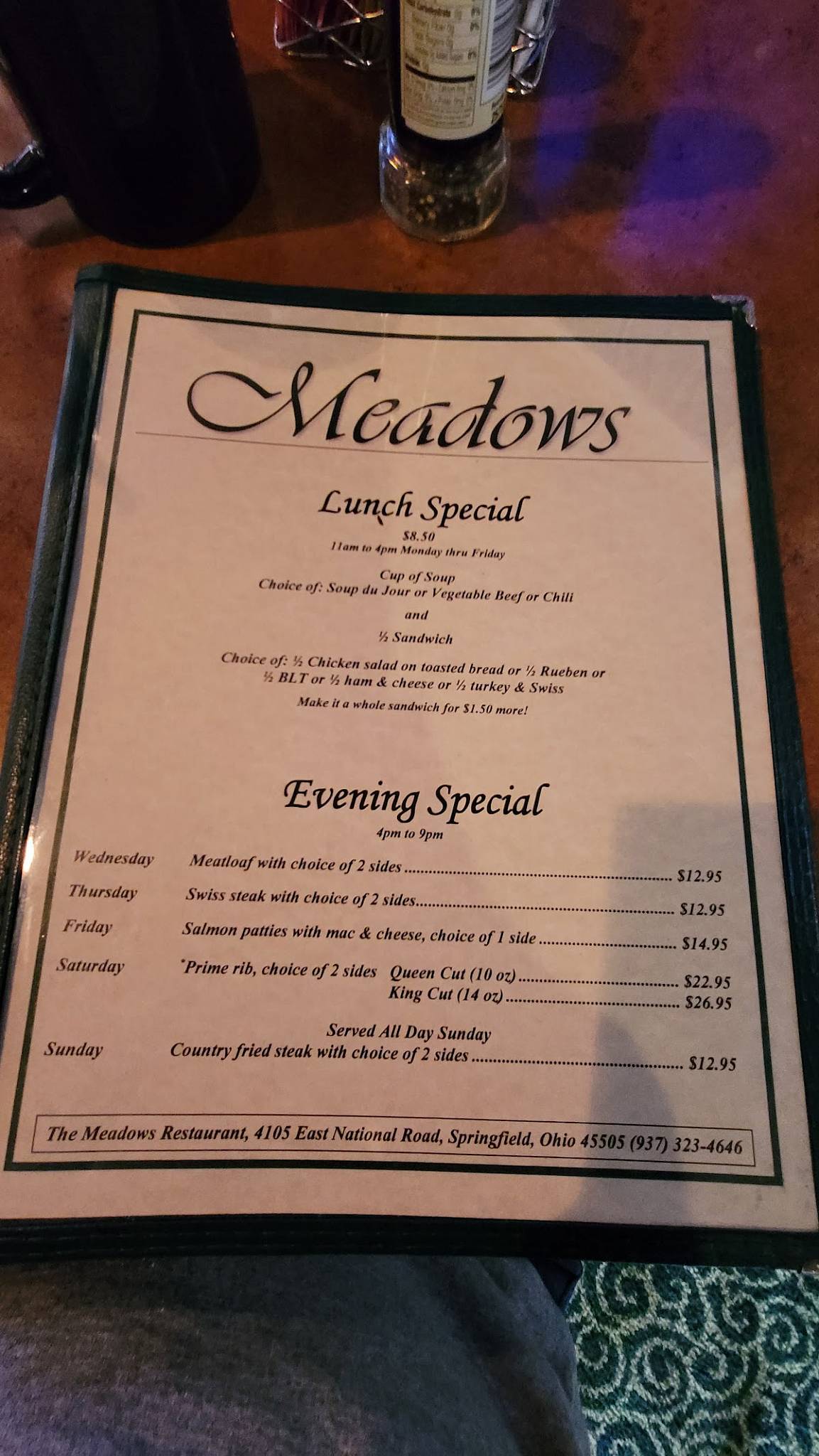 Menu at Meadows Restaurant, Springfield