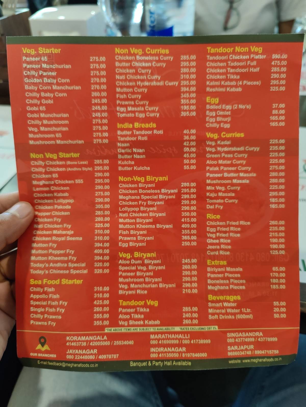 Menu at Meghana Foods Residency Road, Bengaluru, Jayalakshmi Chambers