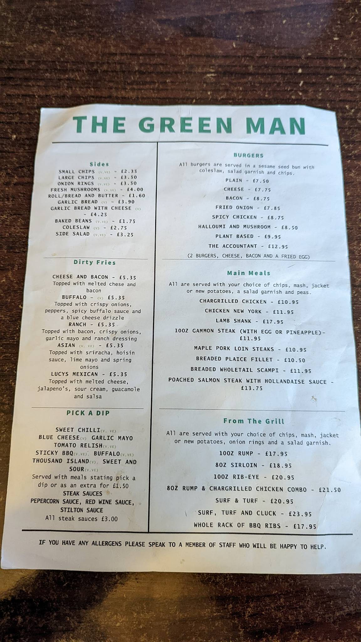 Menu at The Green Man pub & bar, Melbourn, Dunsbridge Turnpike