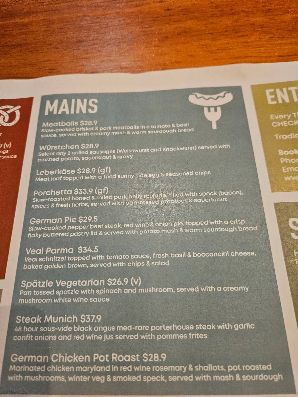 Menu at German Club Tivoli, Windsor