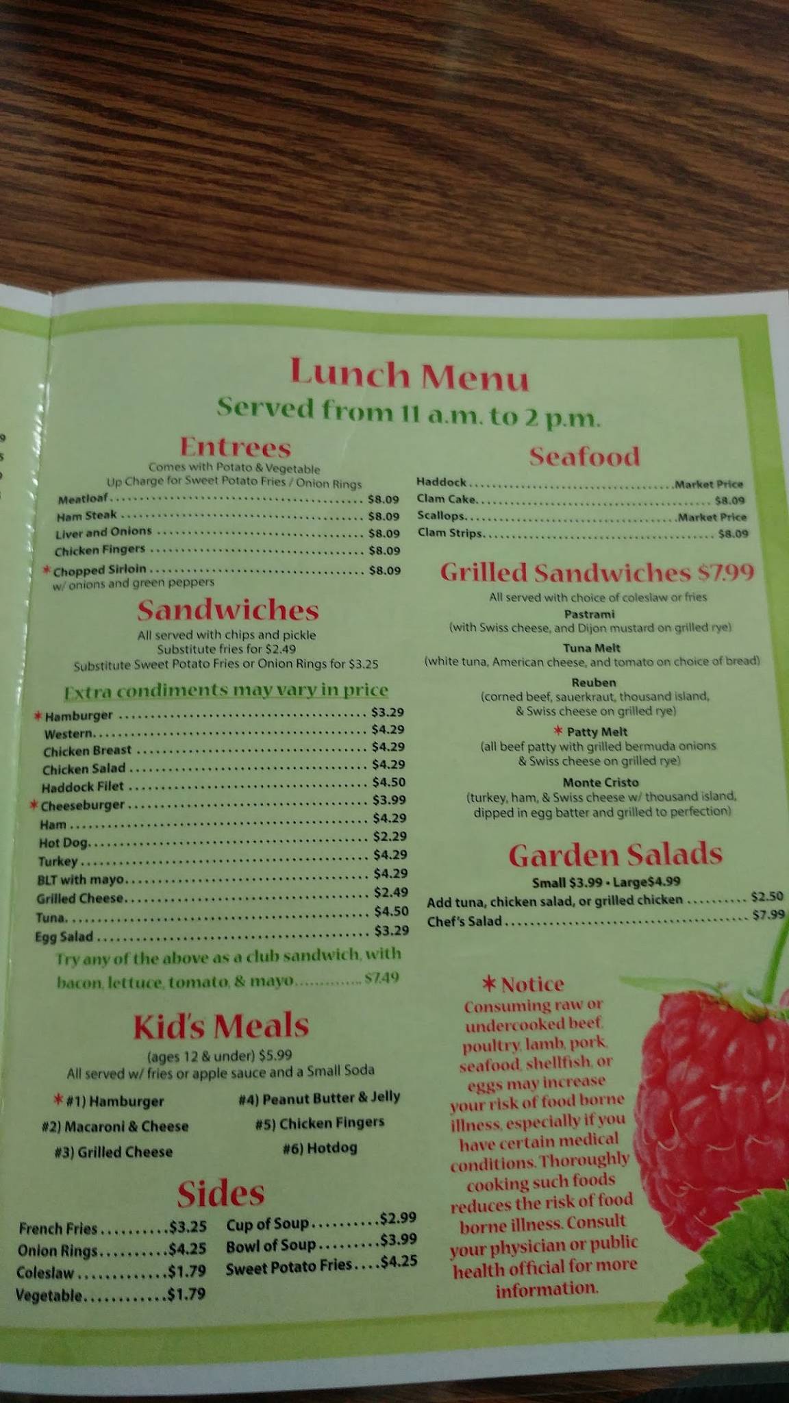 Menu at Mel's Raspberry Patch restaurant, Sanford, 372 Alfred Rd