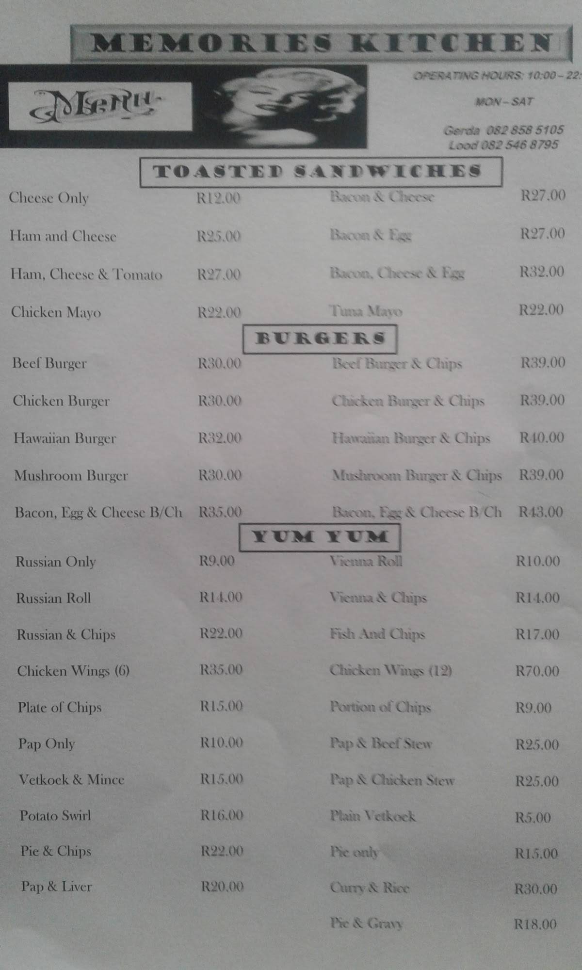 Menu at Memories Pub & Grill, Secunda
