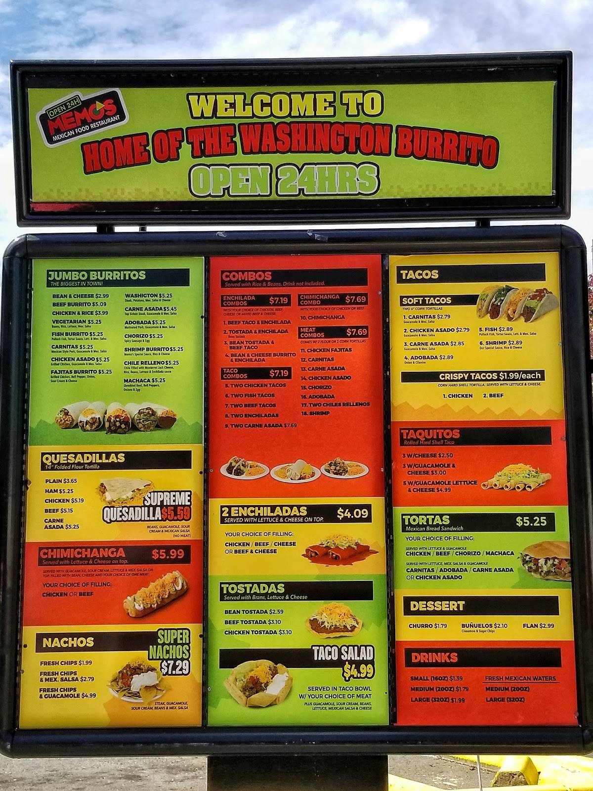 Menu at Memo's Mexican Restaurant, Everett