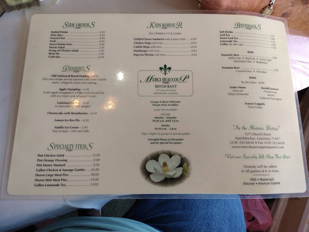 Menu at Merci Beaucoup Restaurant, Natchitoches, 127 Church St
