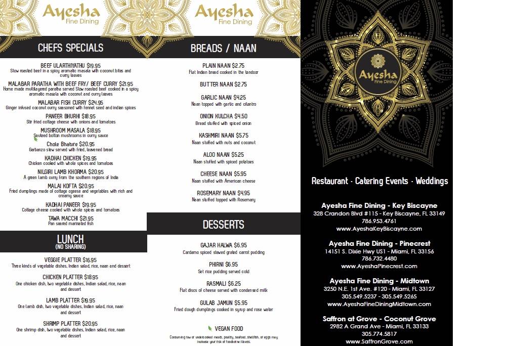 Carta del restaurante Ayesha Indian Fine Dining - Midtown, Miami