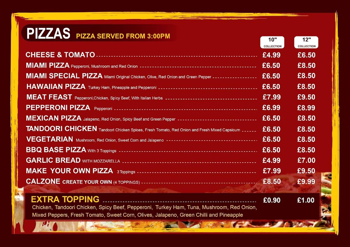 Menu at Miami Fried Chicken pizzeria, Manchester, 2 The Cir