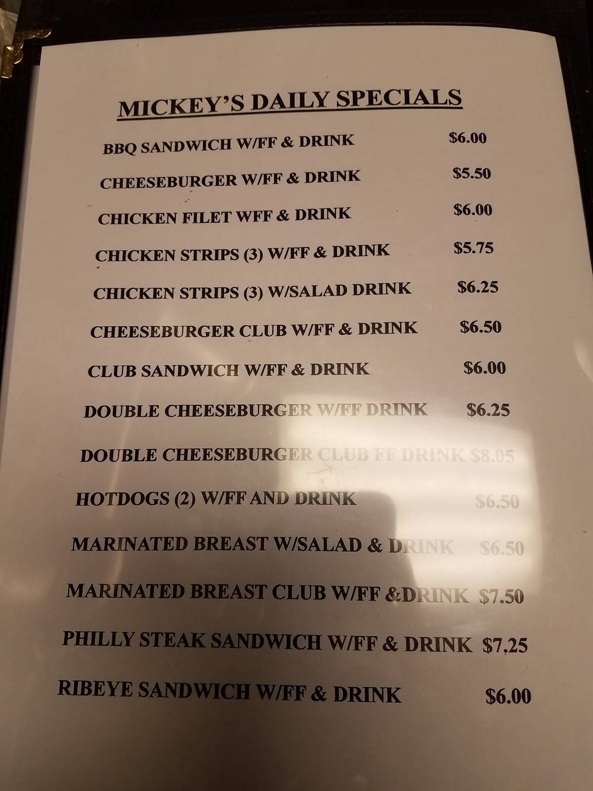 Menu at Mickey's restaurant, Pageland, 114 N Maple St