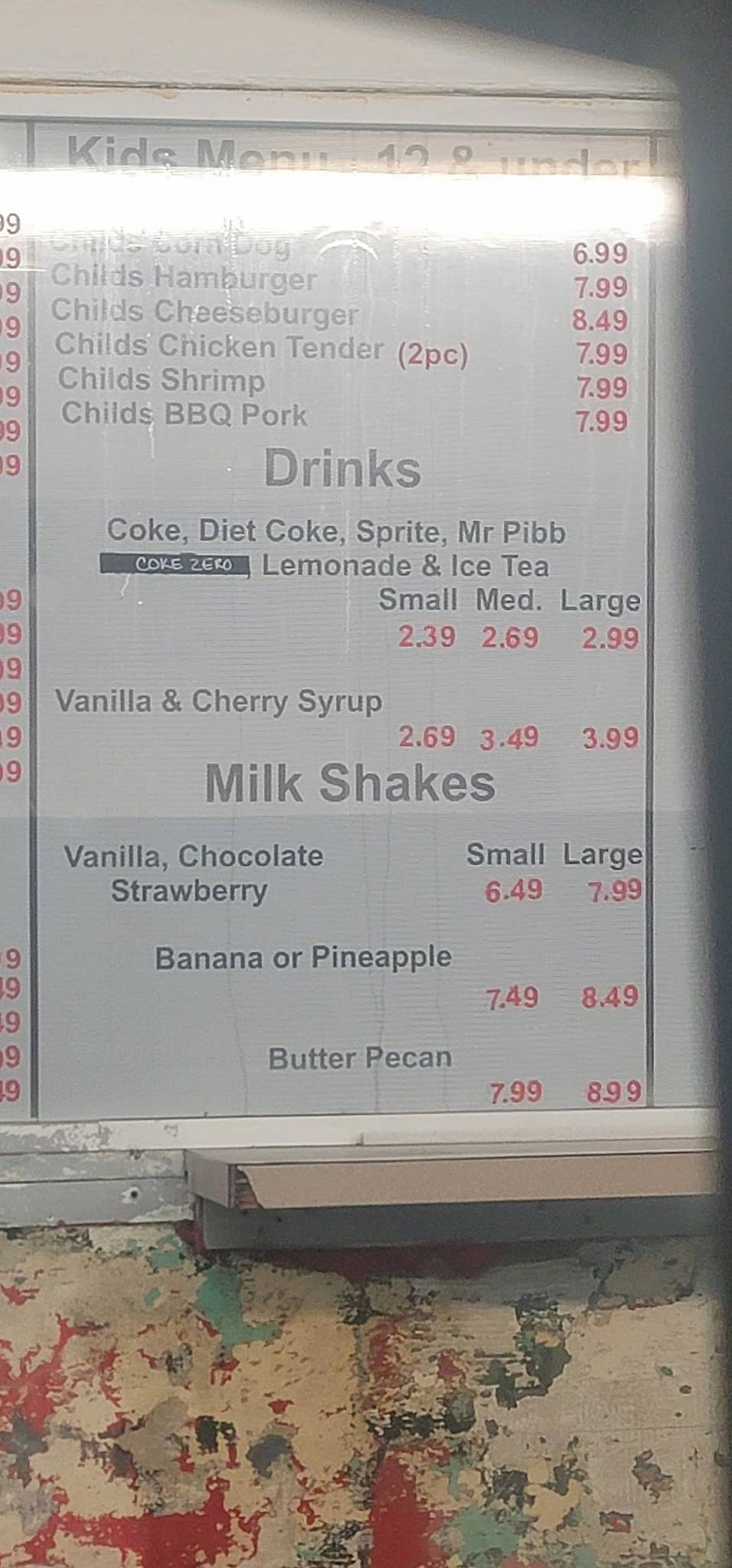 Menu at Mike's Drive-In fast food, Bartow