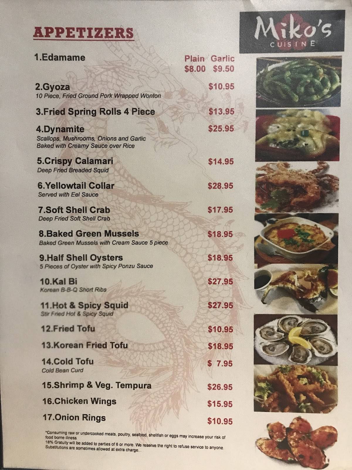 Menu at Miko’s Cuisine restaurant, Wailuku