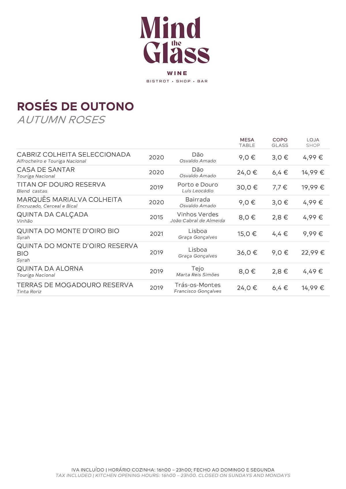 Carta del pub y bar Mind the Glass, Oporto