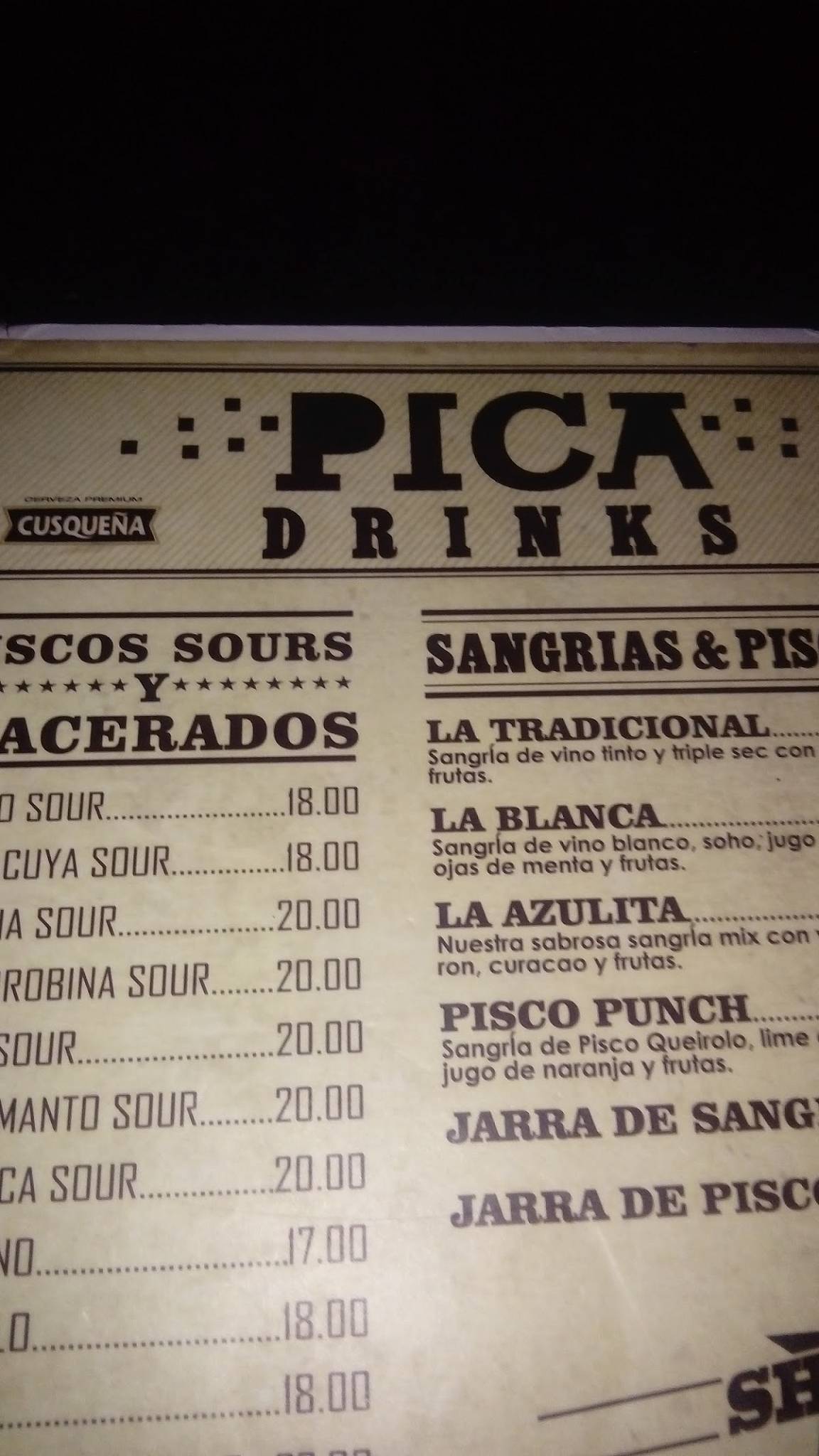 Carta del pub y bar Pica Pica, Miraflores