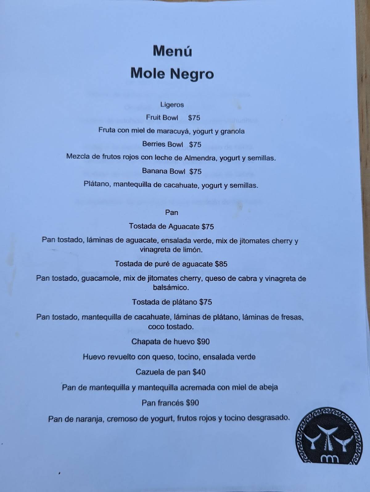 Carta del restaurante Mole Negro, Zihuatanejo