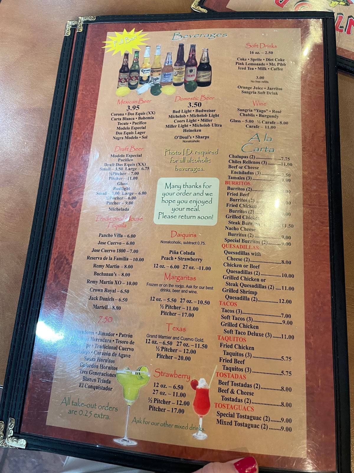 Menu at Monte D Rey restaurant, West Jefferson