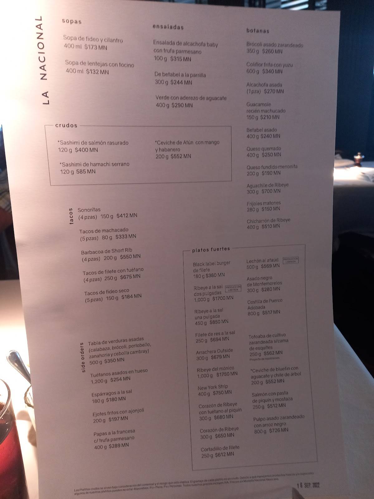 Menu at La Nacional restaurant, Monterrey, Av San Jerónimo 1106