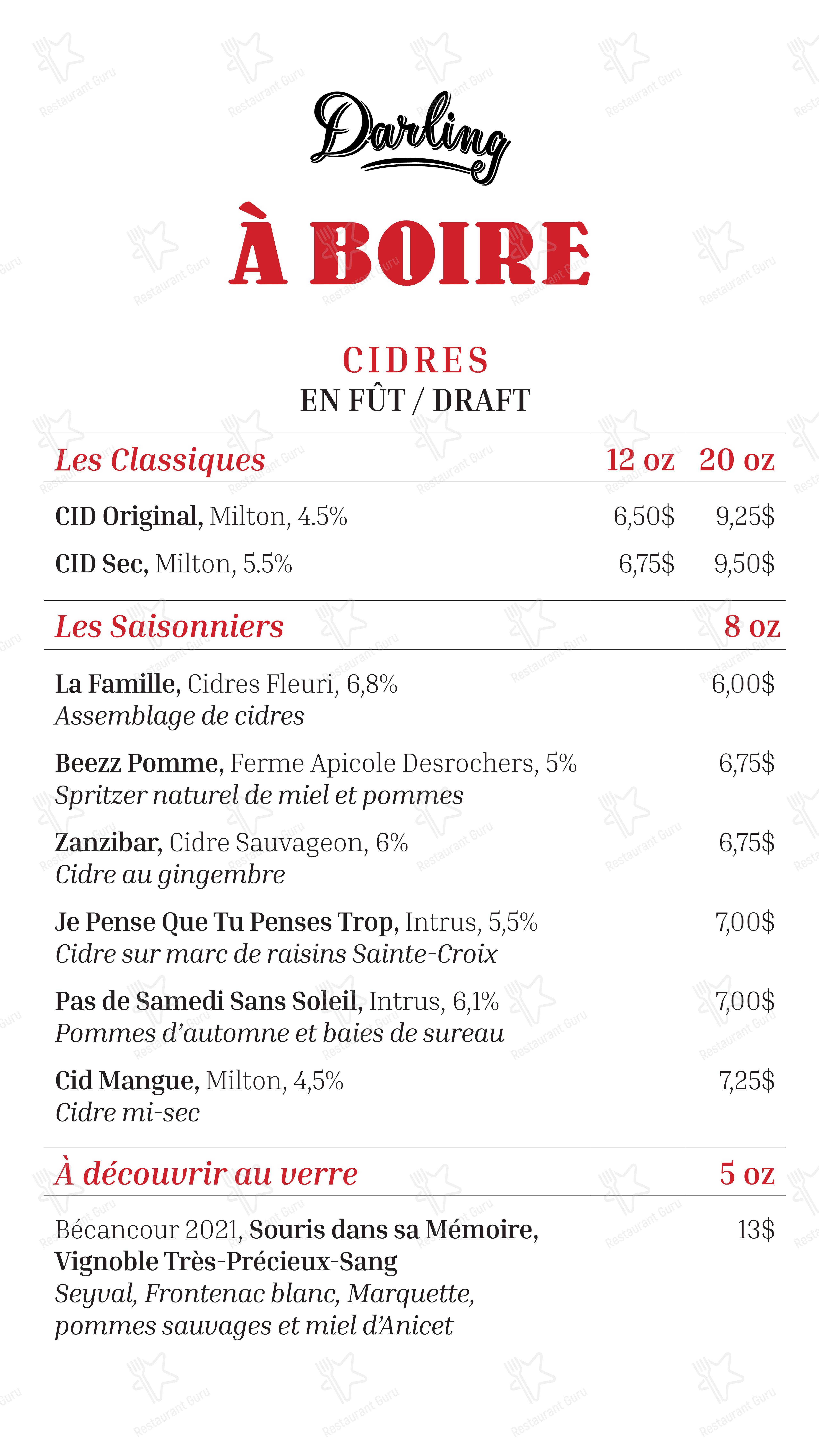 Menu au Le Darling pub et bar, Montréal