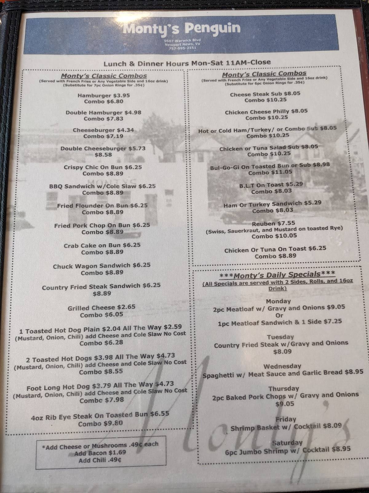 Menu at Monty's Penguin restaurant, Newport News
