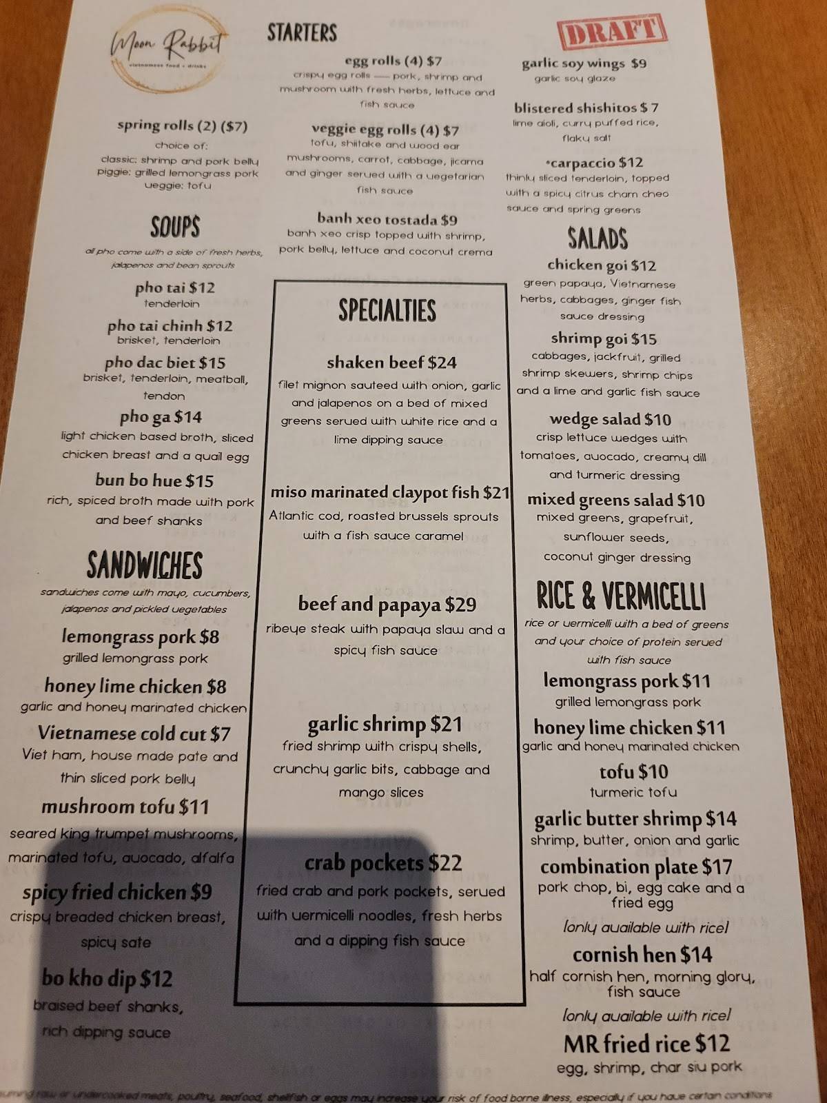 Carta del restaurante Moon Rabbit, Houston, 605 W 19th St