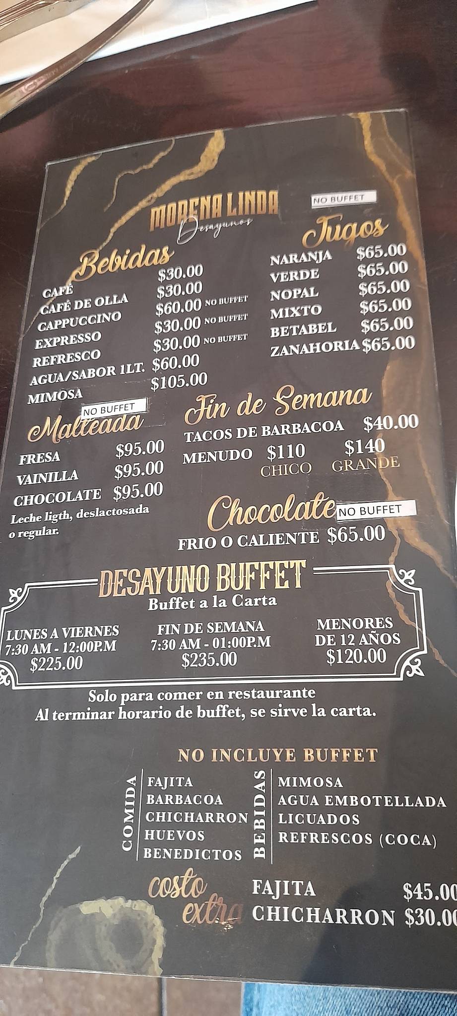 Carta del restaurante Morena Linda, Nuevo Laredo, Av. Ocampo 3454