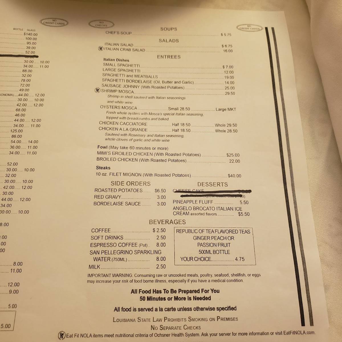 Menu at Mosca's Restaurant, New Orleans