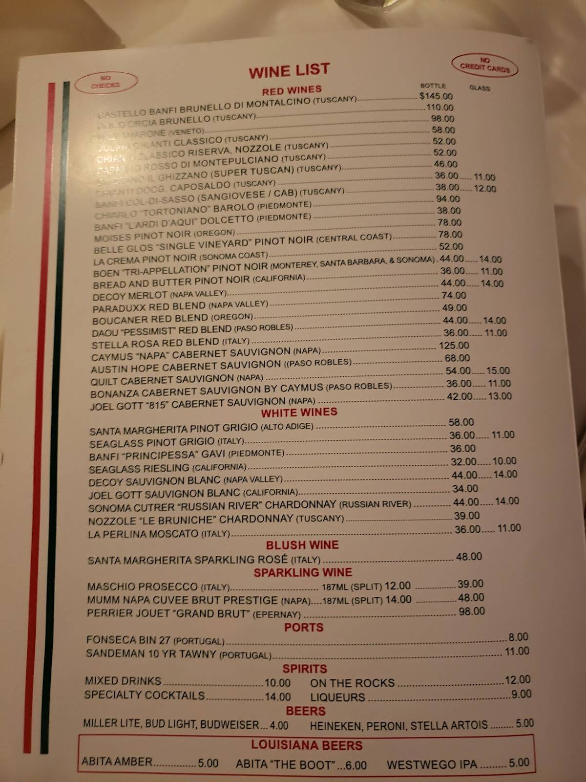 Menu at Mosca's Restaurant, New Orleans