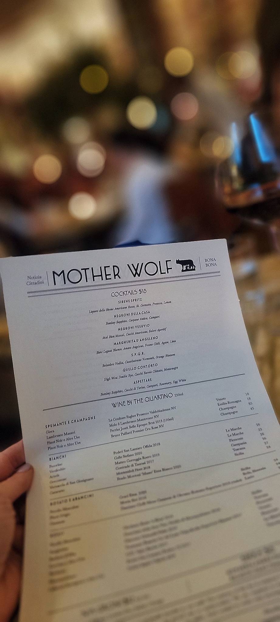 Menu at Mother Wolf restaurant, Los Angeles