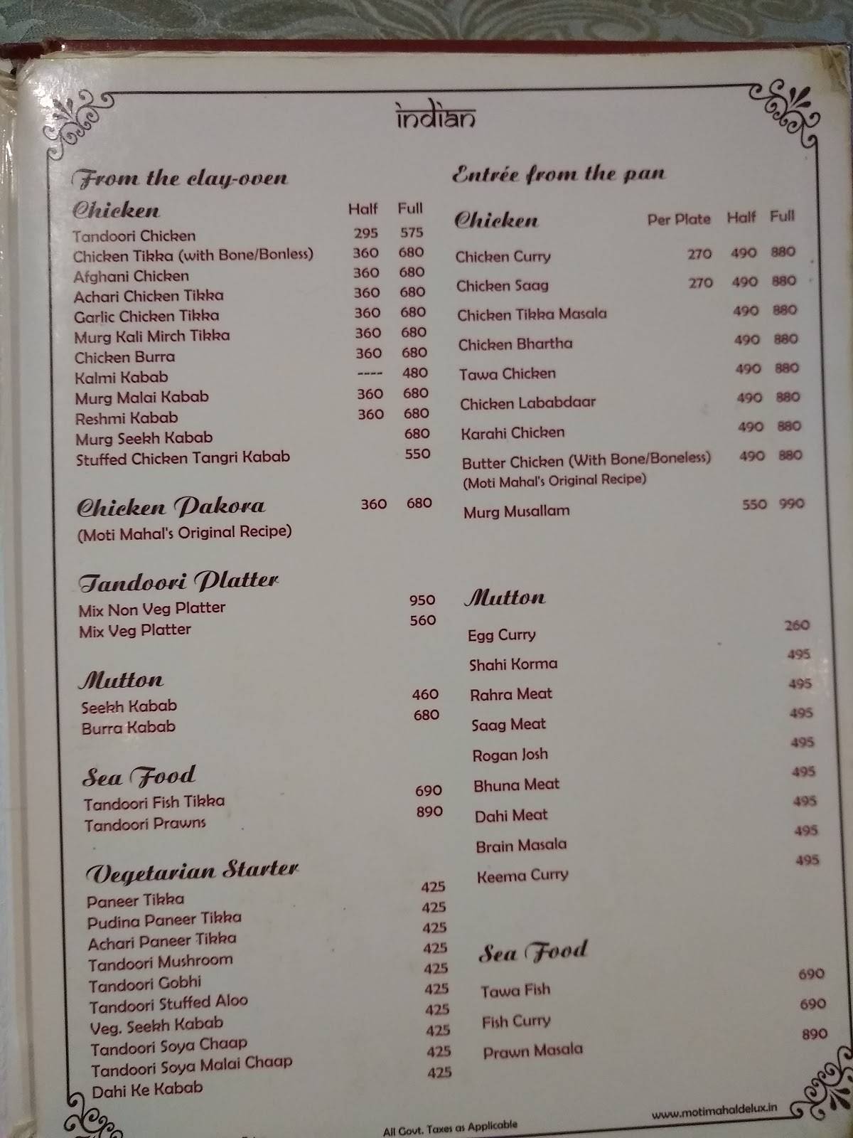 Menu at Moti Mahal Delux, New Delhi, Metro Station South Extension