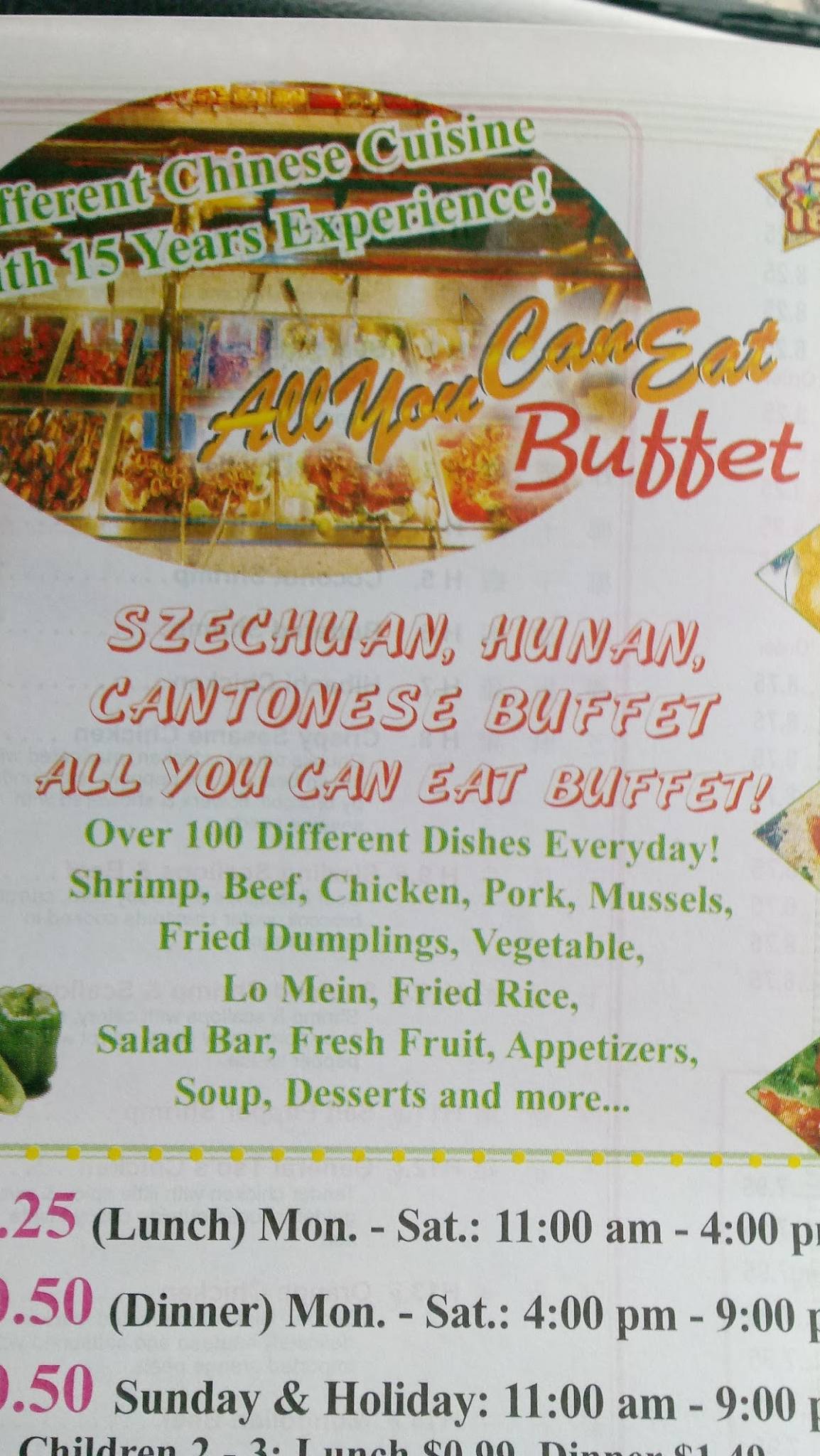 Menu at China Buffet restaurant, Mount Vernon