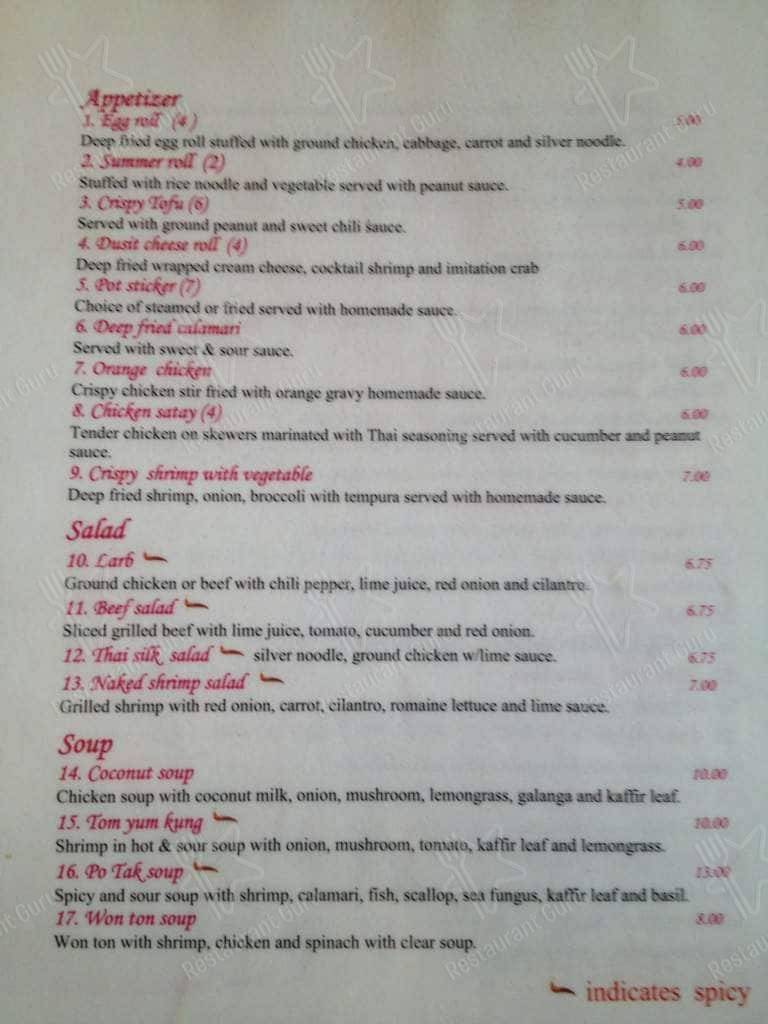 Menu at Dusit Thai Cuisine restaurant, Mountain Home
