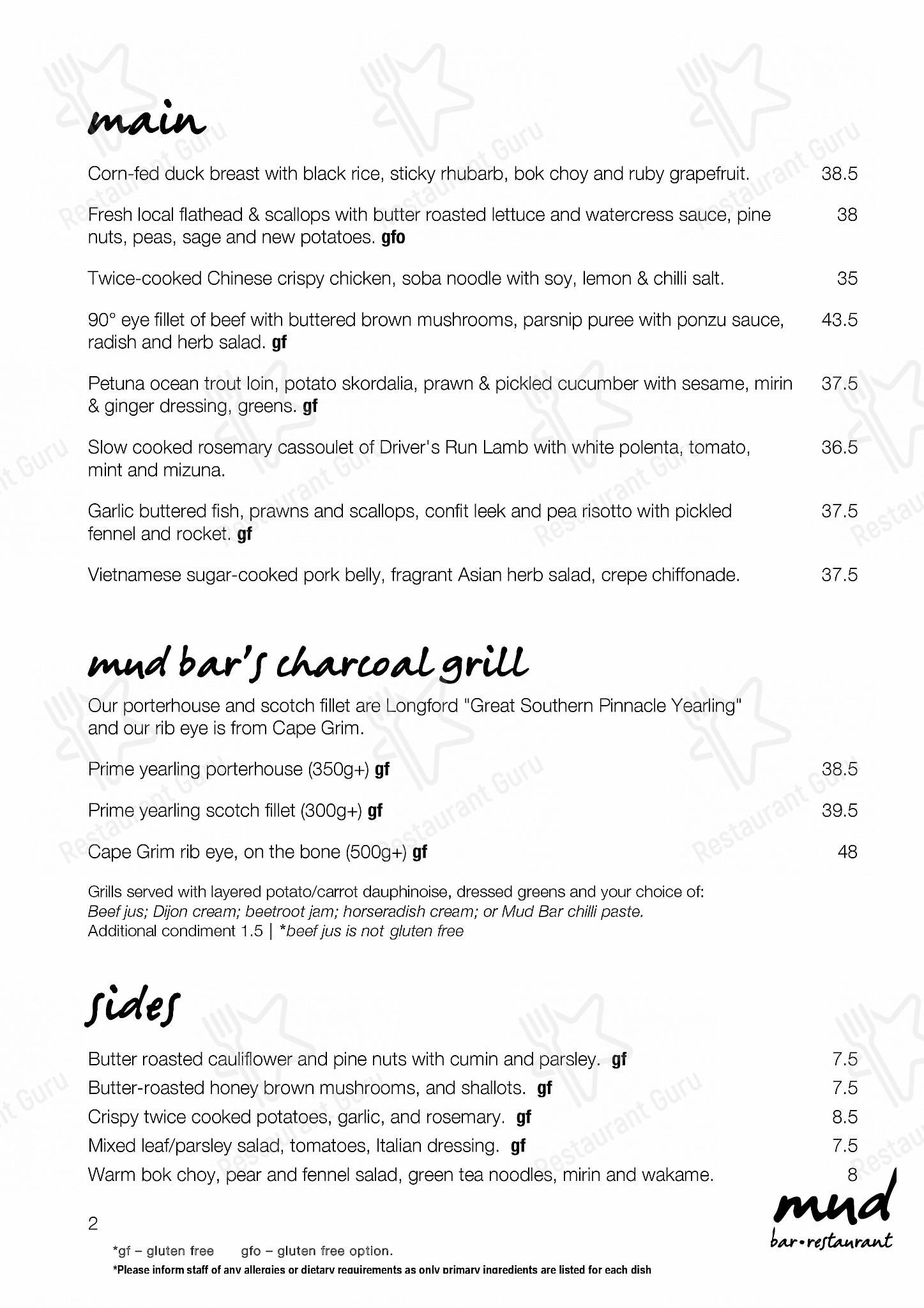 Menu at Mudbar Restaurant, Launceston