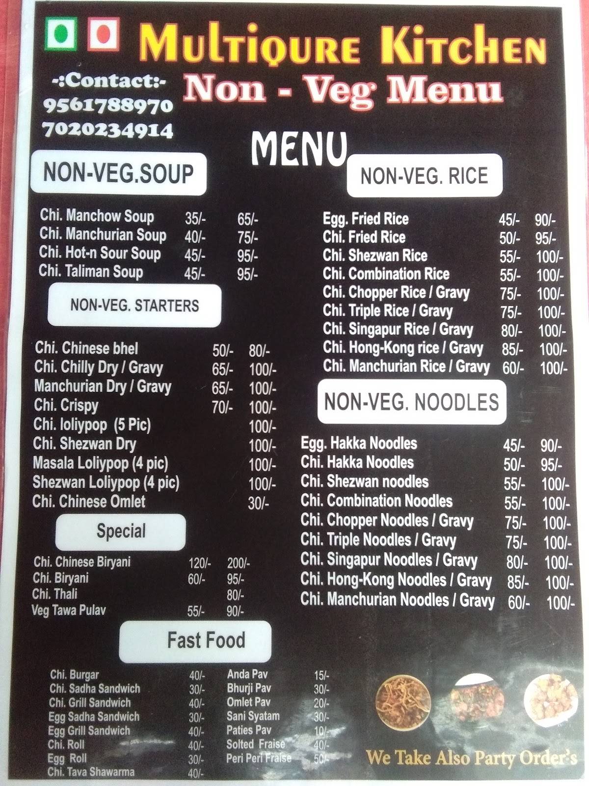 Menu at Multiqure kitchen, Nala Sopara