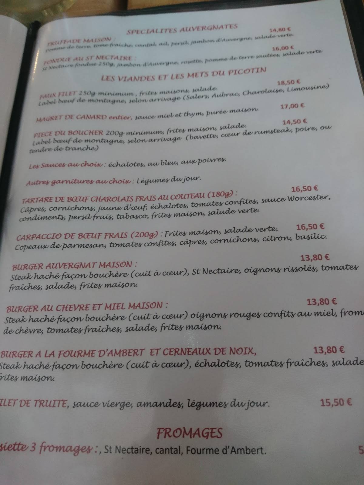 Menu au Le Picotin restaurant, Murol, Rue George Sand