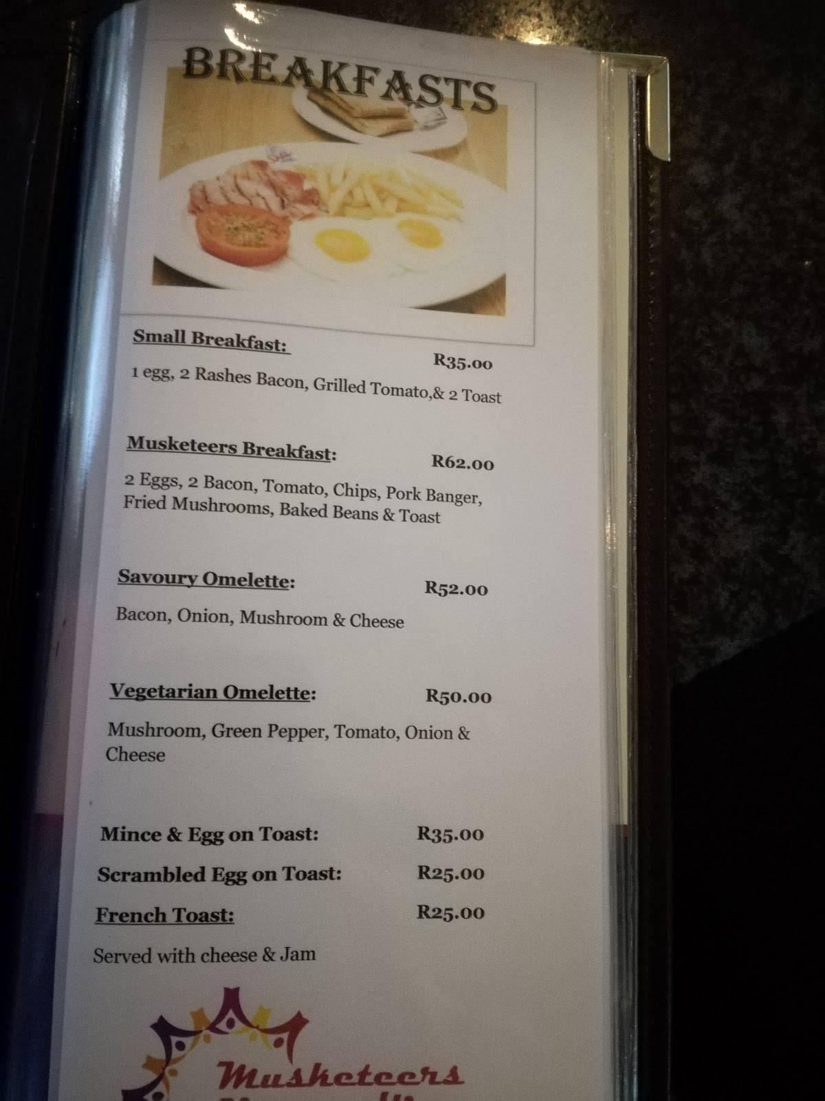 Menu at Musketeers @ The German Club, Durban