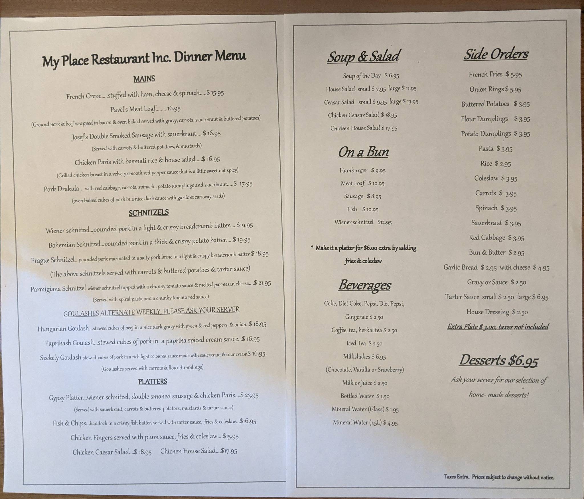 Menu at My Place Restaurant, Smiths Falls