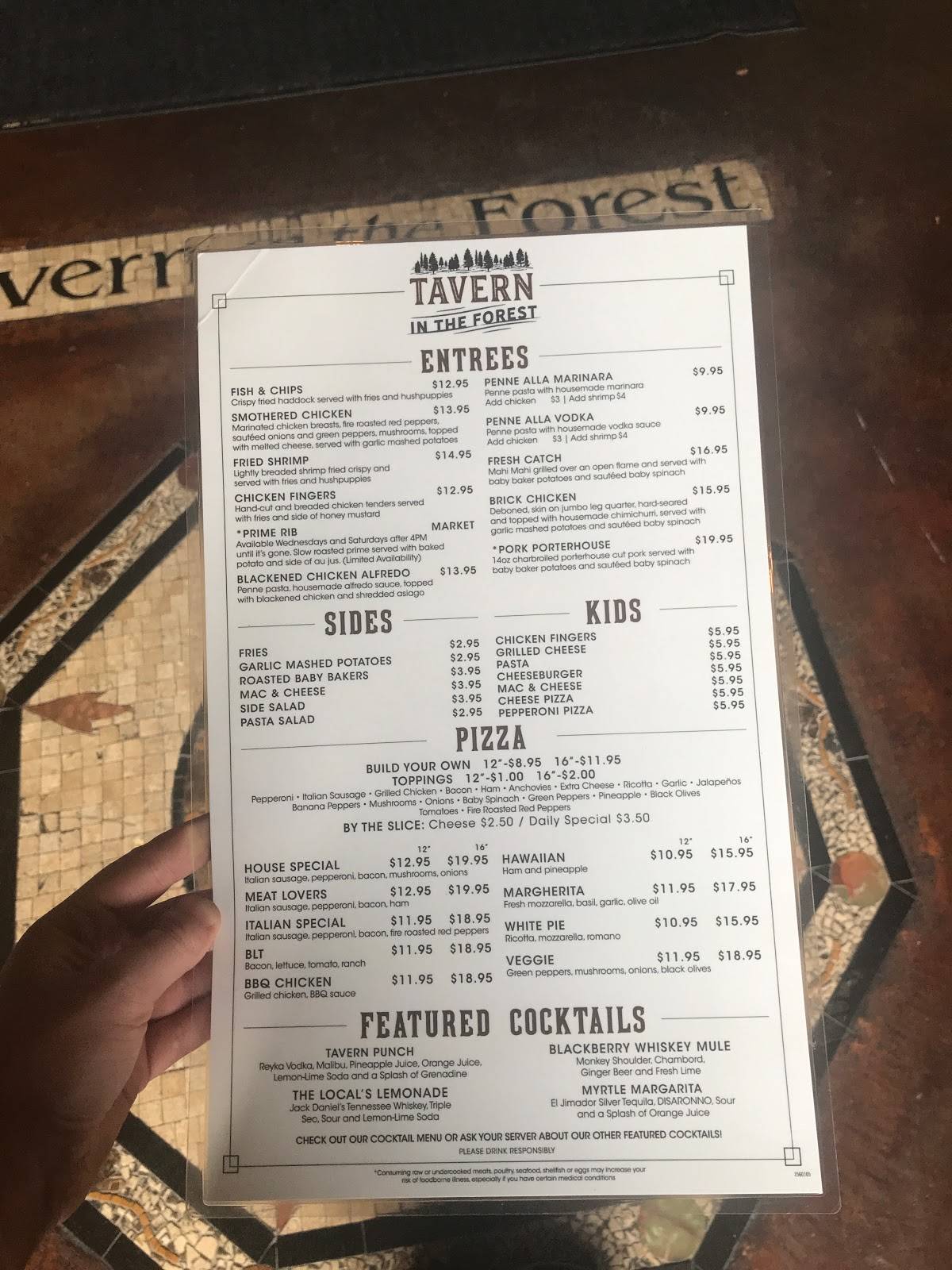 Menu at Tavern In the Forest pub & bar, Myrtle Beach
