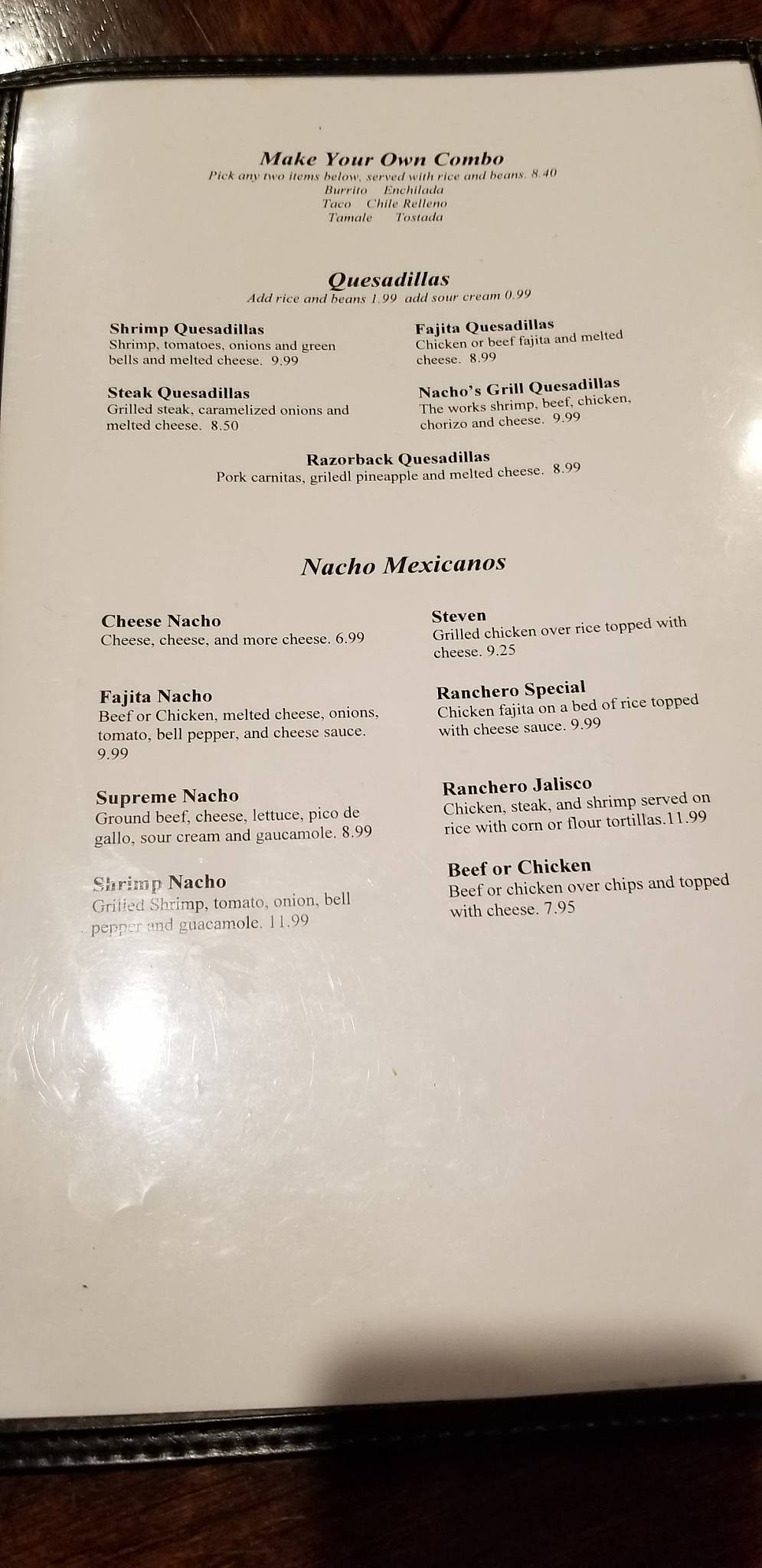 Menu at Nacho's restaurant, Cabot