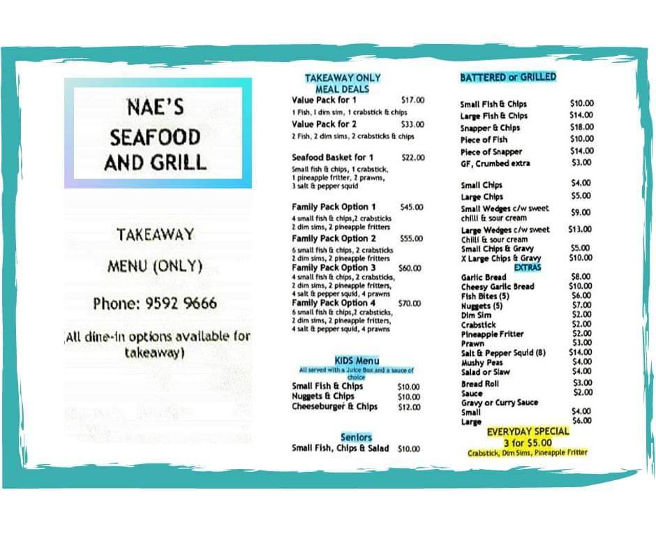 Menu at Nae’s Seafood & Grill restaurant, Rockingham