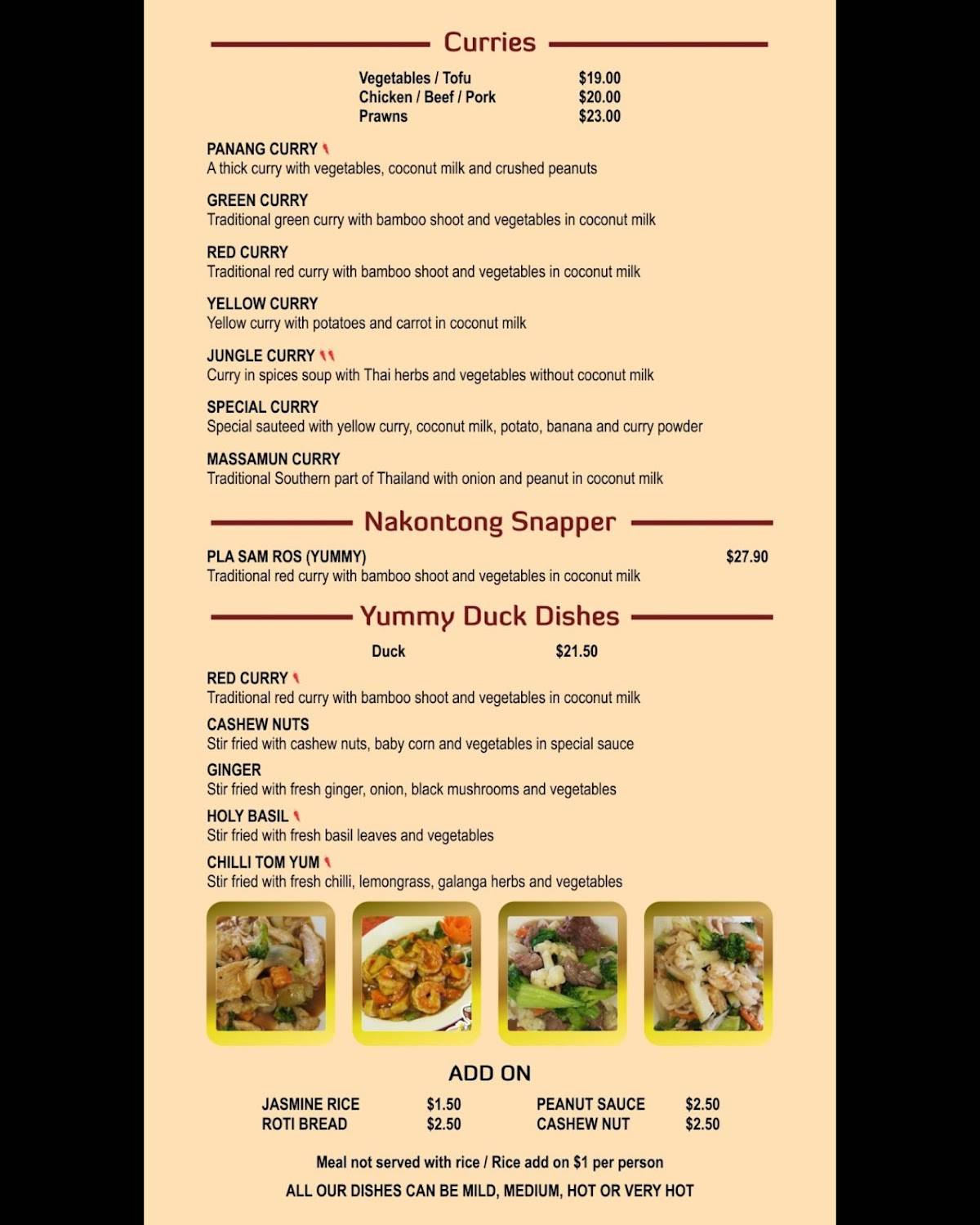 Menu at Nakontong Thai restaurant, Thames