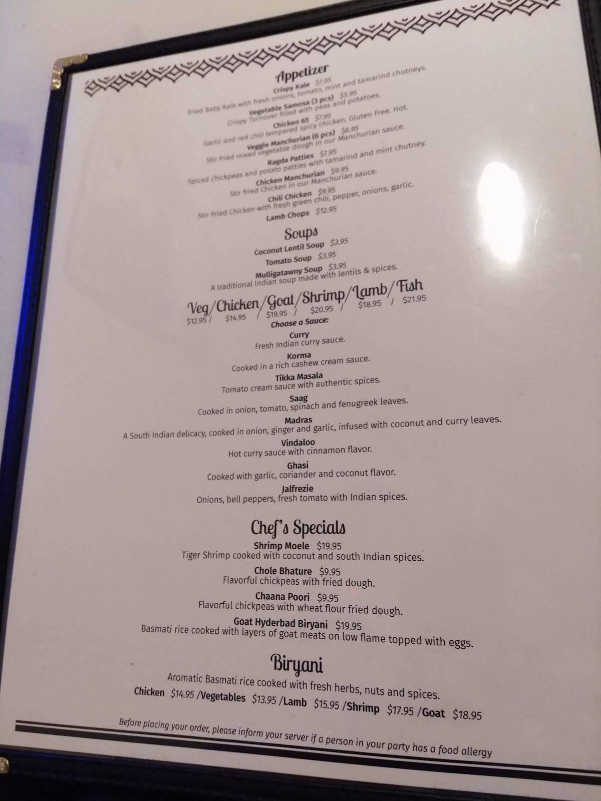 Menu at Namaste Indian/Nepalese restaurant, Greenfield