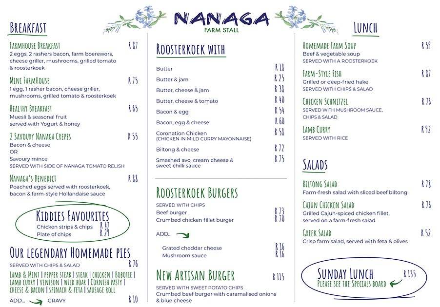 Menu at Nanaga Farm Stall restaurant, South Africa