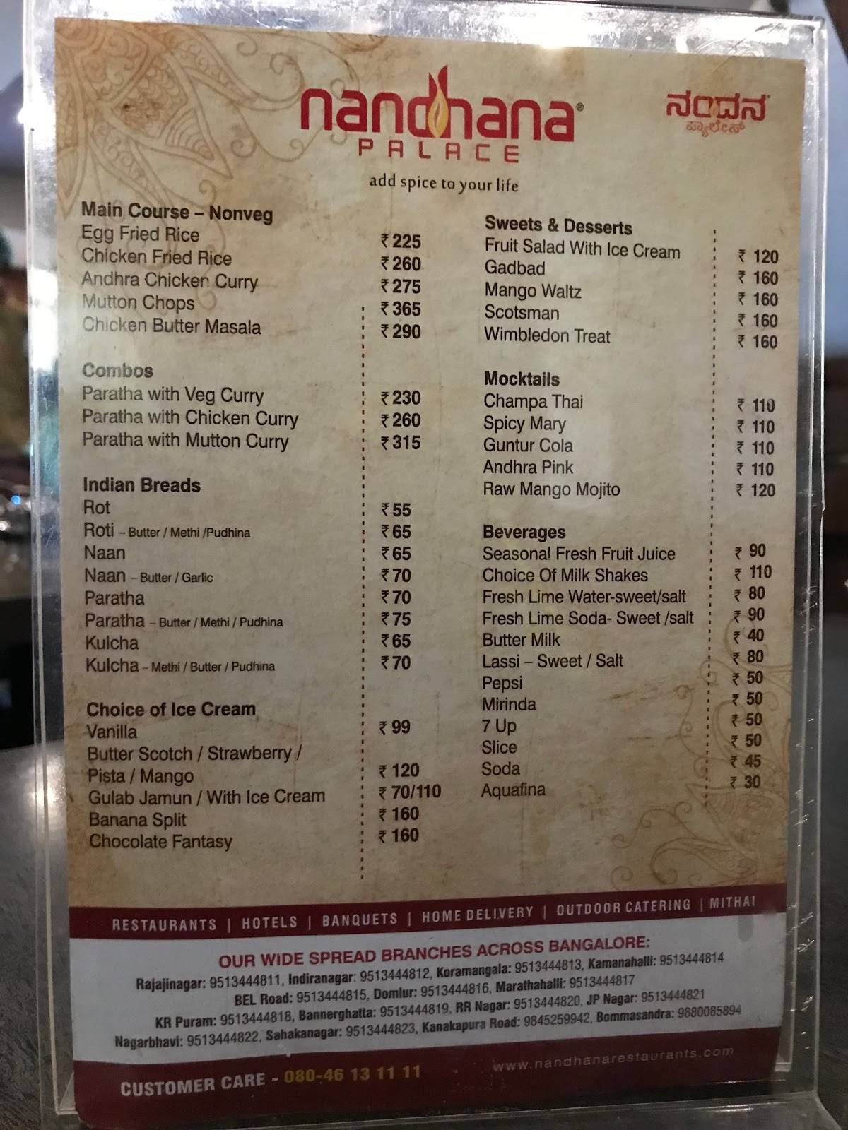 Menu at Nandhana Palace -Andhra Style Restaurant - Rajajinagar ...