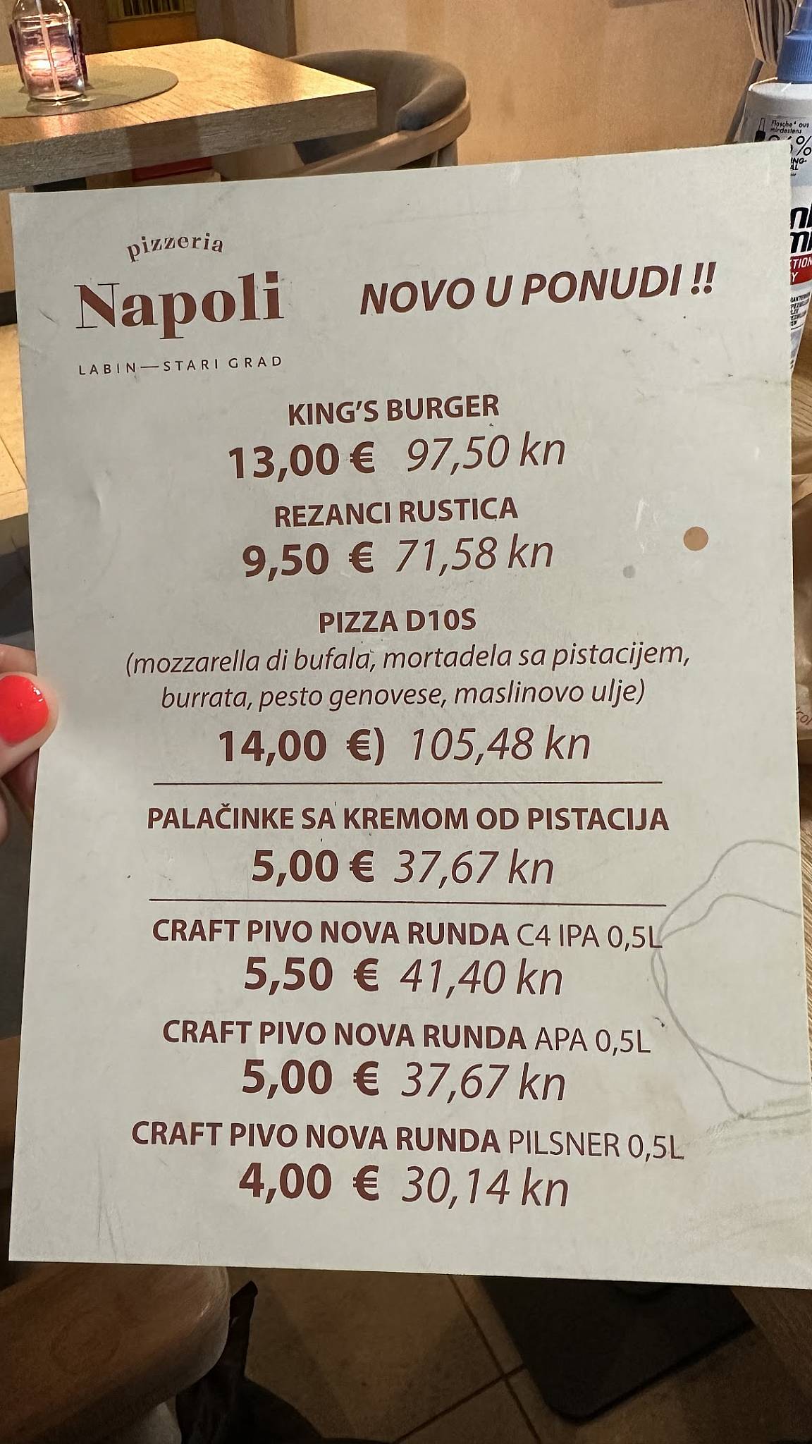 Menu at Napoli restaurant, Labin