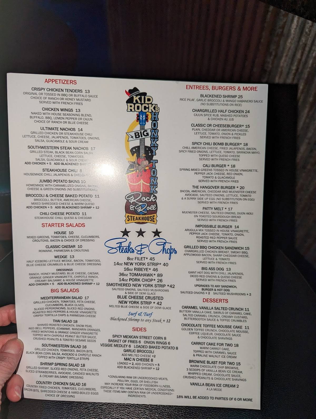 Menu at Kid Rock's Big Ass Honky Tonk Rock N' Roll Steakhouse, Nashville