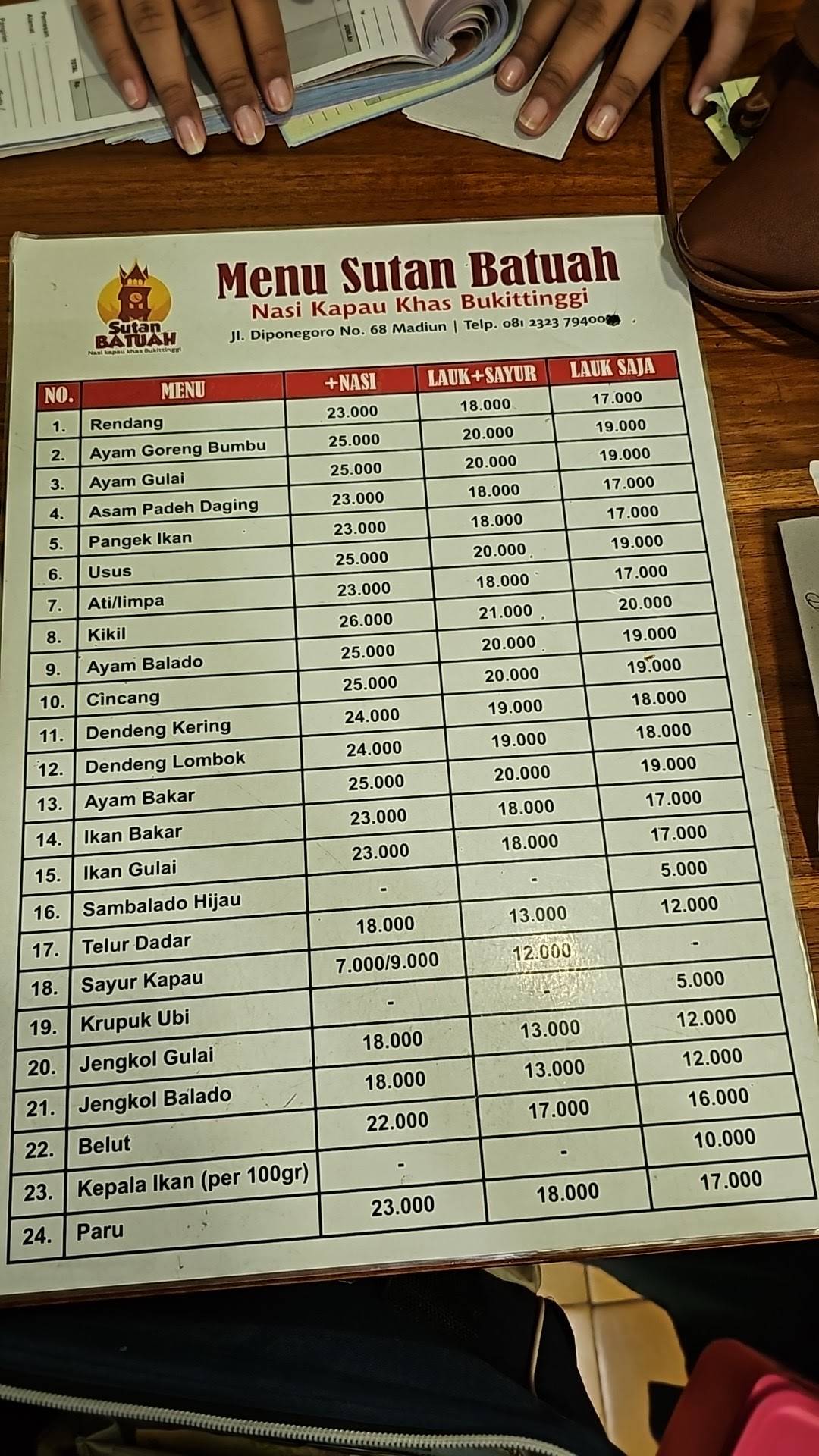 Menu at Nasi Kapau SUTAN BATUAH, Madiun