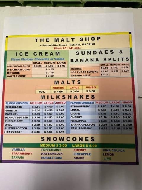 Menu at The Malt Shop fast food, Natchez
