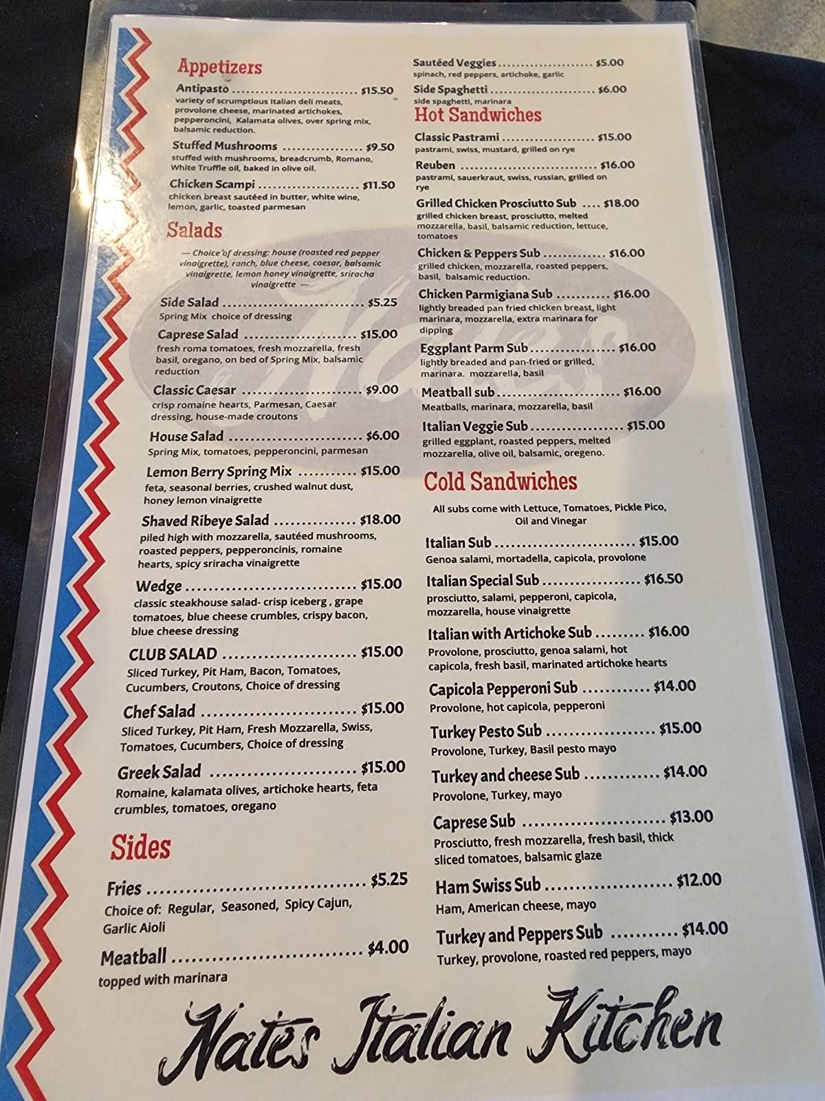 Menu at Nate's Italian Kitchen restaurant, Tucson