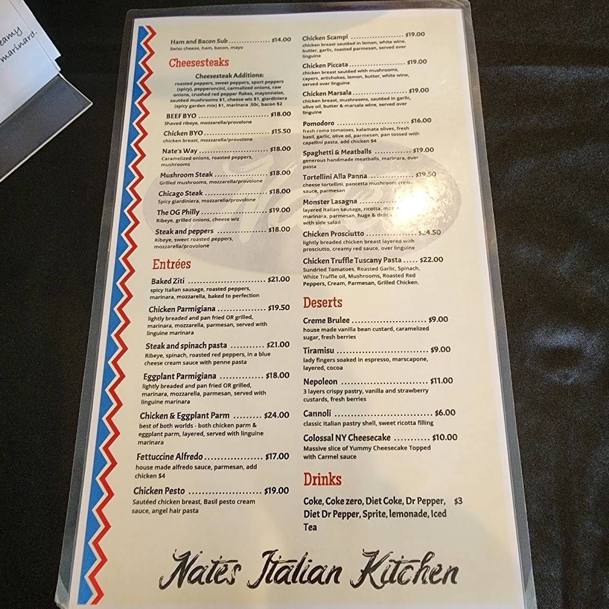 Menu at Nate's Italian Kitchen restaurant, Tucson